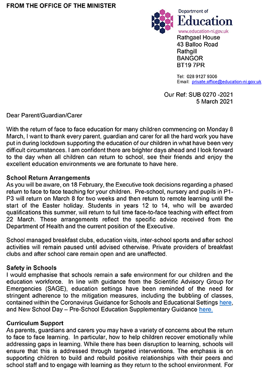 School Return Arrangements | Dunluce